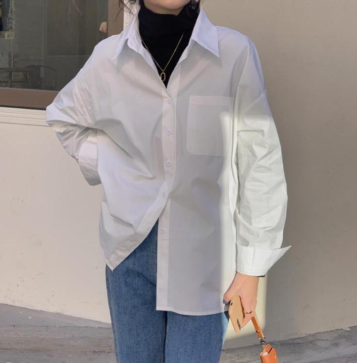 INS.W291เสื้อเชิ้ตแขนยาวลําลอง คอปกโปโล ทรงหลวม สีขาว แฟชั่นเรียบง่าย ...