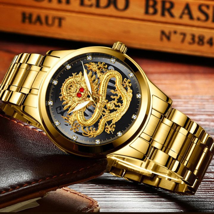 POSHI Men's Fashion 3D Engraving Golden Dragon Watch Luxury Stainless ...