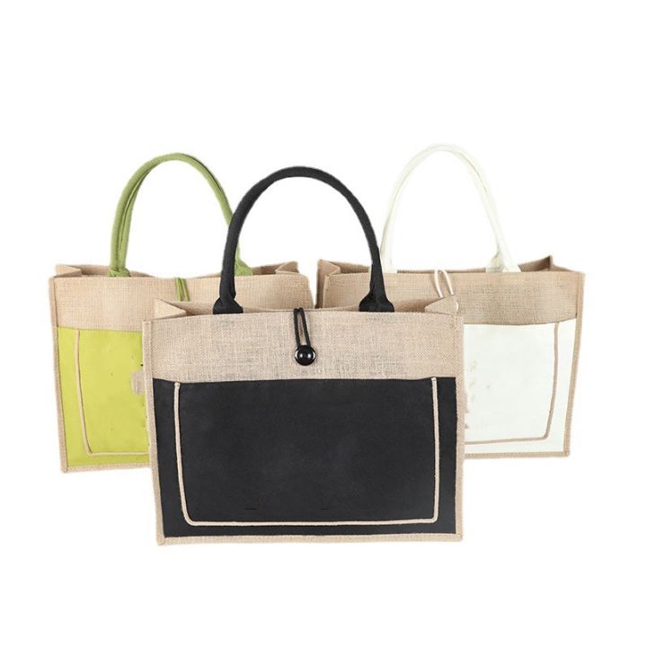Abaca Tote Bag Linen Jute Burlap Hemp Shoulder Bag Plain With Pocket ...