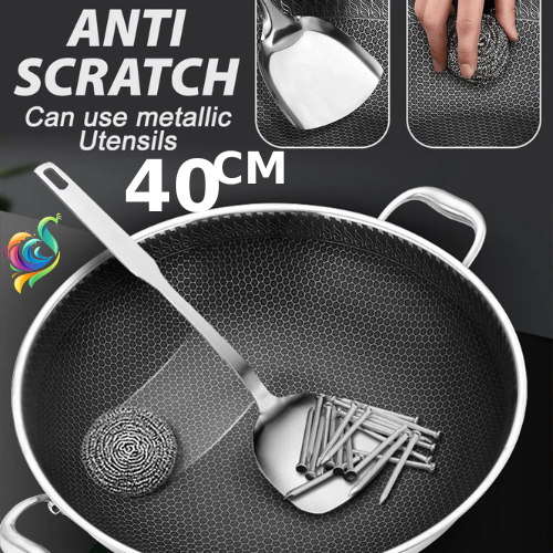 40CM Non Stick Stir Fry Honeycomb Cooking Kitchen Stainless Steel Wok ...