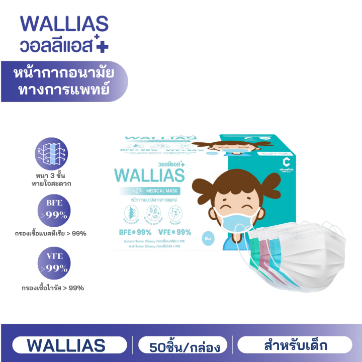 หน้ากากอนามัยทางการเเพทย์เด็ก ยี่ห้อ WALLIAS KID หนา 3 ชั้น ป้องกันได้ถึง 99 % บรรจุ 50 ชิ้น / 1 ...