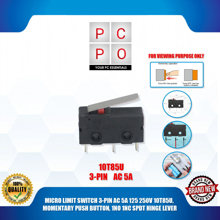 MICRO LIMIT SWITCH 3-PIN AC 5A 125 250V 10T85U, MOMENTARY PUSH BUTTON, 1NO 1NC SPDT HINGE LEVER ...