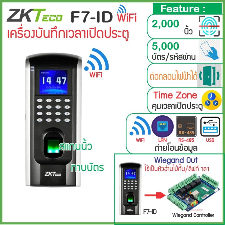 ZKTeco F7-ID WiFi เครื่องสแกนลายนิ้วมือ ทาบบัตรคีย์การ์ด บันทึกเวลาทำงาน และเปิดประตู พร้อมชุด ...