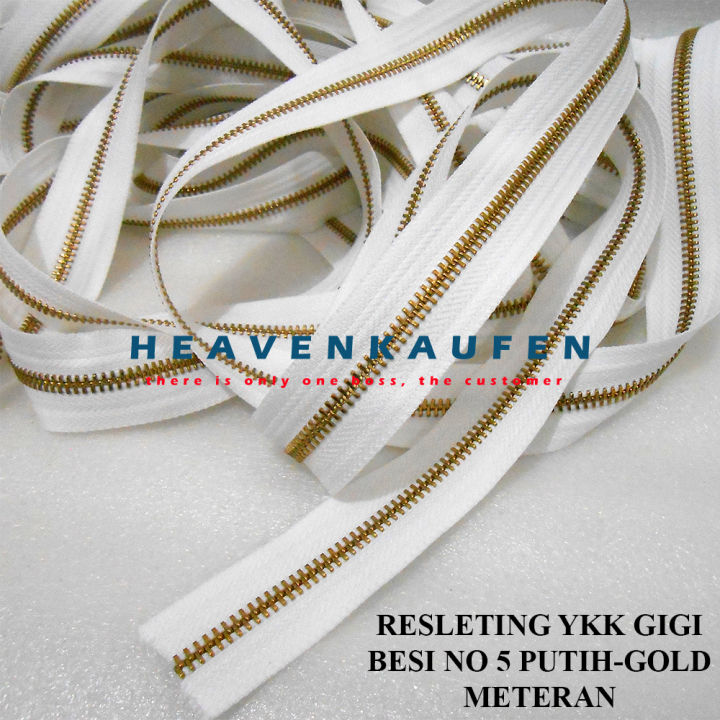 Resleting Zipper Long Chain YKK Type Gigi Besi No 5 Putih - Gold Emas Harga Per Meter (Tanpa ...