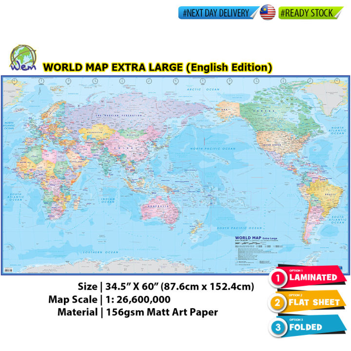 🌎 World Map Extra Large (34.5” x 60” / 87.6cm x 152.4cm) | Peta Dunia ...