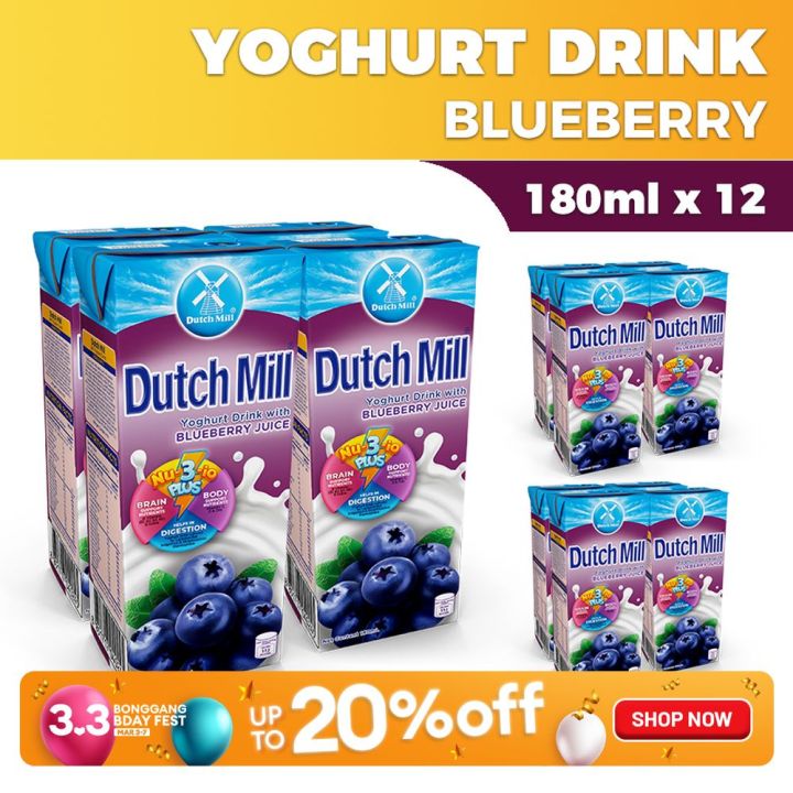 Dutch Mill Yoghurt Drink Blueberry Juice 180ml x 12 | Lazada PH