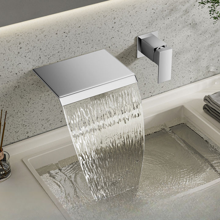Widen Waterfall Bathroom Faucet Wall Mounted Black Basin Faucet Hot and ...