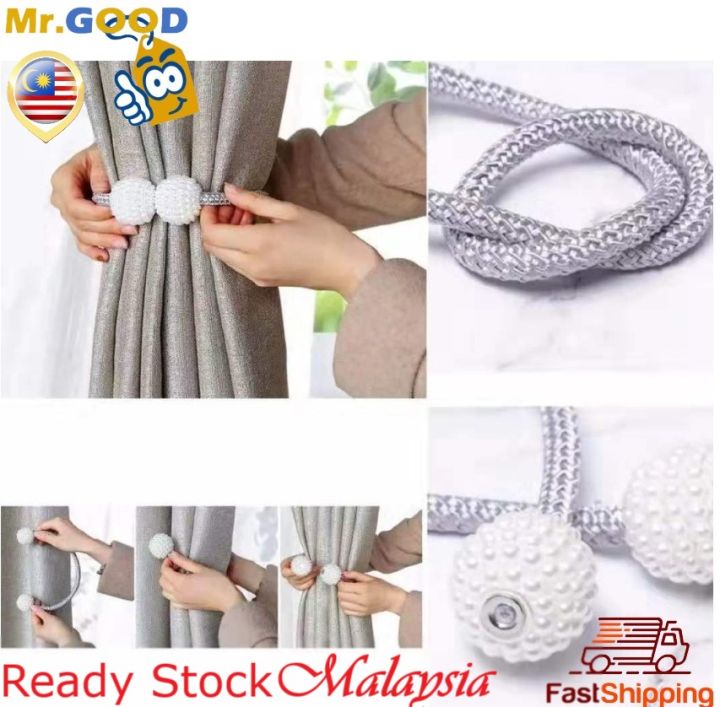 Langsir Faux Pearl Magnet Curtain Belt Woven Rope Limited Free Tieback ...