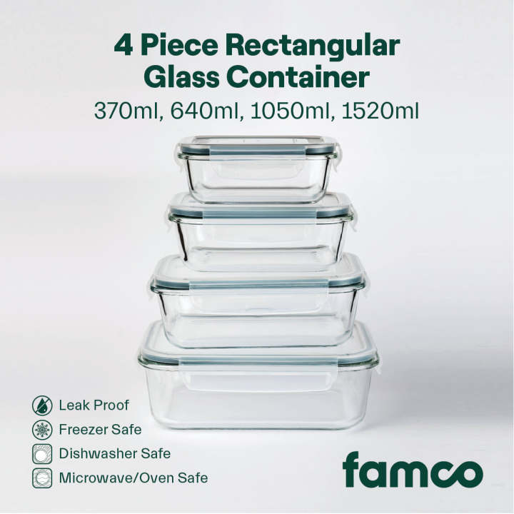 Famco 4-Piece Rectangular Glass Container Food Keeper with Cover ...