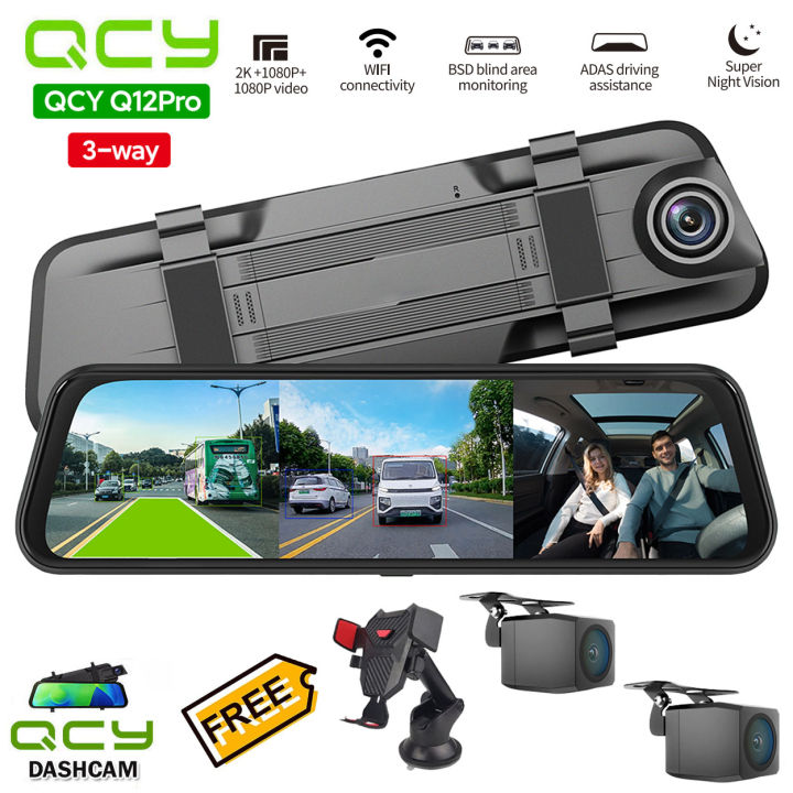 ORIGINAL QCY Q12 PRO 9.66" 4K+1080P+1080P 3-Way Recording WiFI Car DVR ...