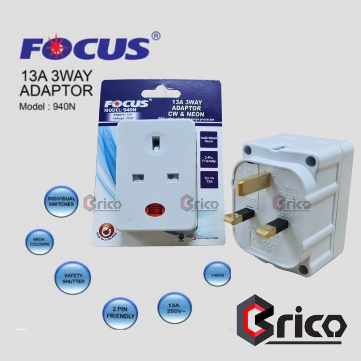 3 Way Multiple Adapter 3 Gang Pin Socket Plug Switch Multi Adaptor Charger Led Neon Light Soket