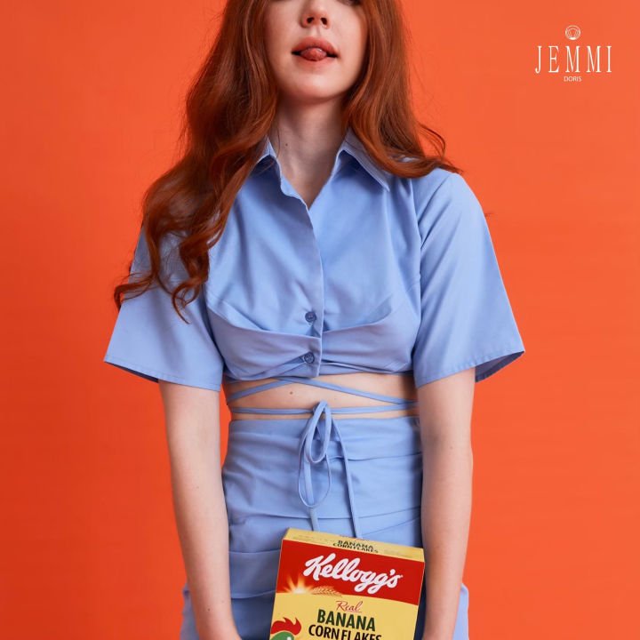 JEMMIDORIS เสื้อเชิ้ตครอปผูกเอว-รุ่น Giula cropped top blue | Lazada.co.th