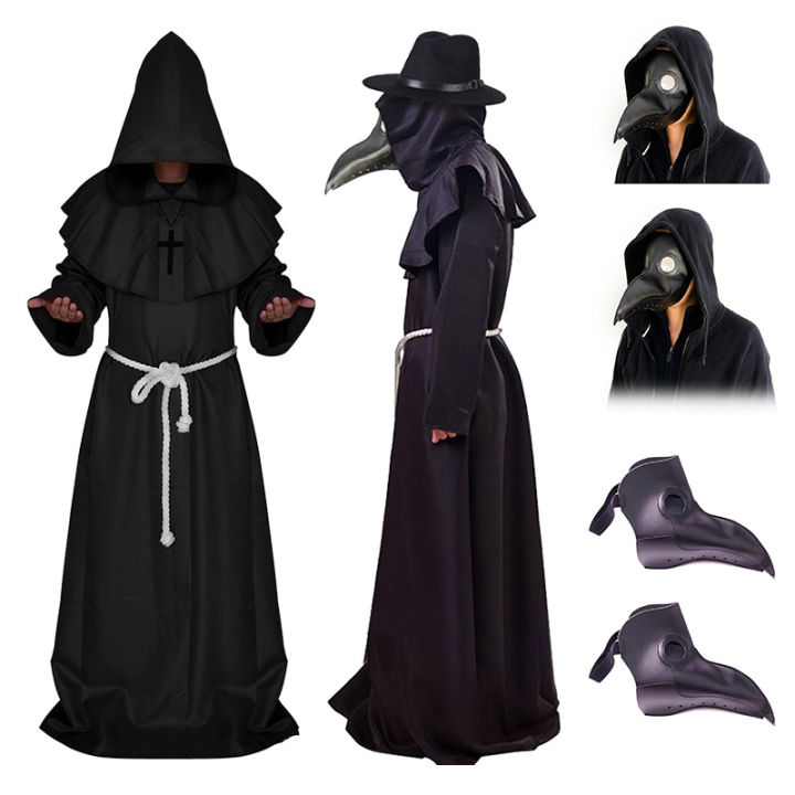 Halloween Medieval Hooded Robe Plague Doctor Costume Hat For Men Monk ...