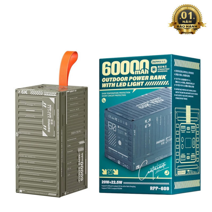Pin sạc dự phòng sạc nhanh Remax RPP-609 dung lượng 60000mah kiểu Container - hỗ trợ QC 22.5W và ...