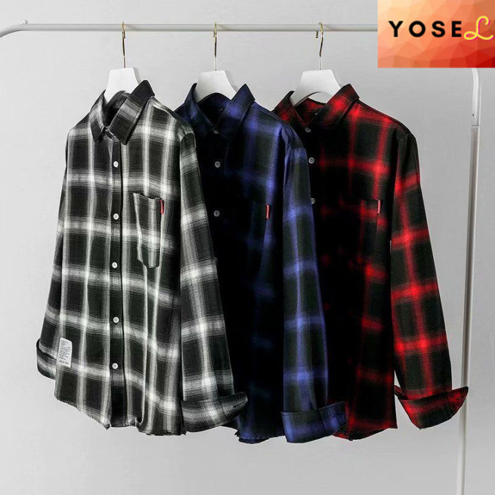 YOSEL เสื้อเชิ้ตแขนยาวผู้ชายลายสก๊อตสีดำน้ำเงินแดง | Lazada.co.th