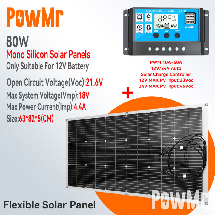 PowMr 80W Solar Panel Flexible Monocrystalline Solar Cell DIY Cable ...