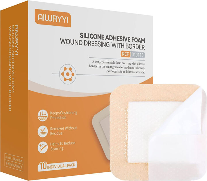 Silicone Adhesive Foam Wound Dressing with Border, 4" X 4"(10 ...