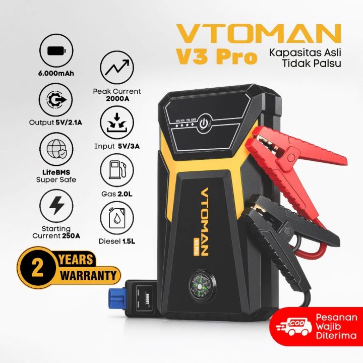 VTOMAN V3 Pro 6000mAh Jump Starter Dengan Tombol Boost Jumper Aki Mobil ...