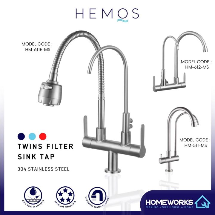 HEMOS KITCHEN FAUCET SUS 304 STAINLESS STEEL TWINS WALL PILLAR FILTER ...