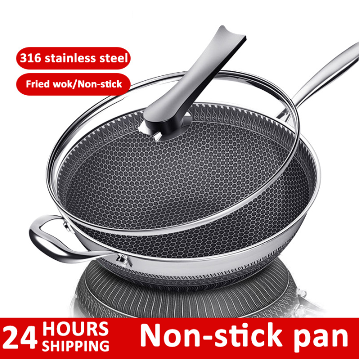Kitchen Non-Stick Cookware 316 Stainless Steel 32cm/34cm Frying Pan Wok With Lid Gas stove ...