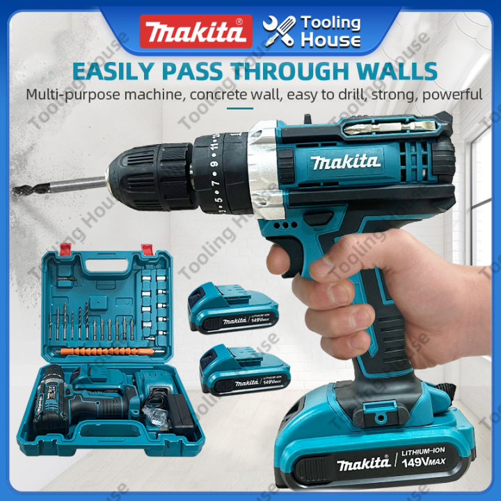 Cordless Drill Electric Hammer Impact 2 Battery With Case Screwdriver ...