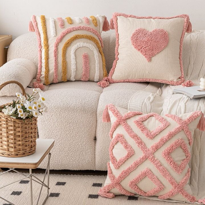 Nordic Pink Tufted Cushion Cover 45*45cm Cotton Canvas Geometric Tufted ...