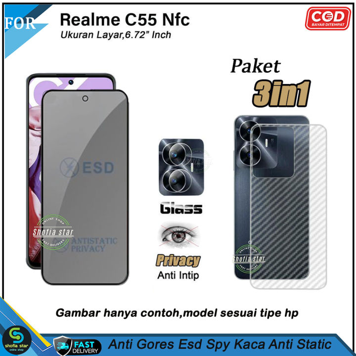 Paket 3in1 Tempered Glass Full Esd Spy Realme C55 C53 C67 4G C51 NFC Anti Gores Privacy Spy Anti ...
