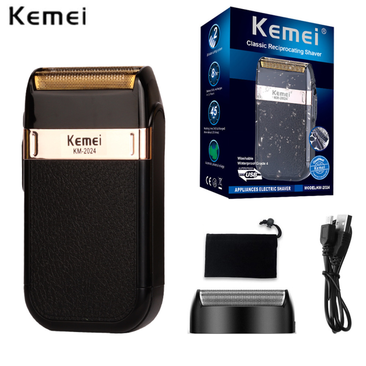 Kemei Km 2024 เครื่องโกนหนวดแบบไร้สาย กันน้ำได้ ใบมีดแฝดลูกสูบเครามีด ...