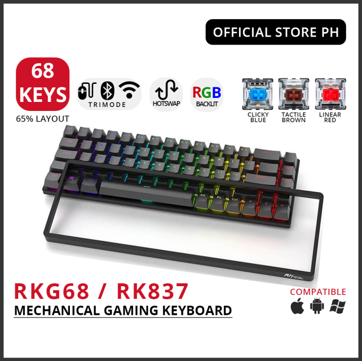 RK ROYAL KLUDGE RK G68 RK68 2.4Ghz Wireless/Bluetooth/Wired 65% Mechanical Keyboard, 68 Keys Hot ...