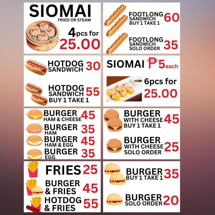 Burger Hotdog Ham and Cheese Siomai Footlong Signage (Laminated A4 Size ...