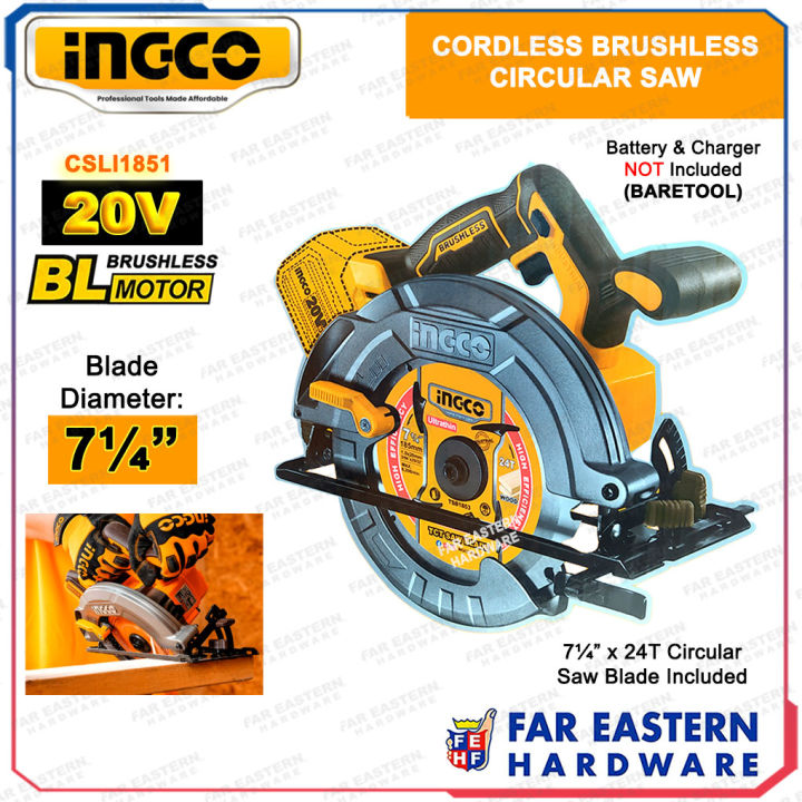 INGCO Cordless Brushless Circular Saw 7 1/4" 20V w/ Blade CSLI1851 ...