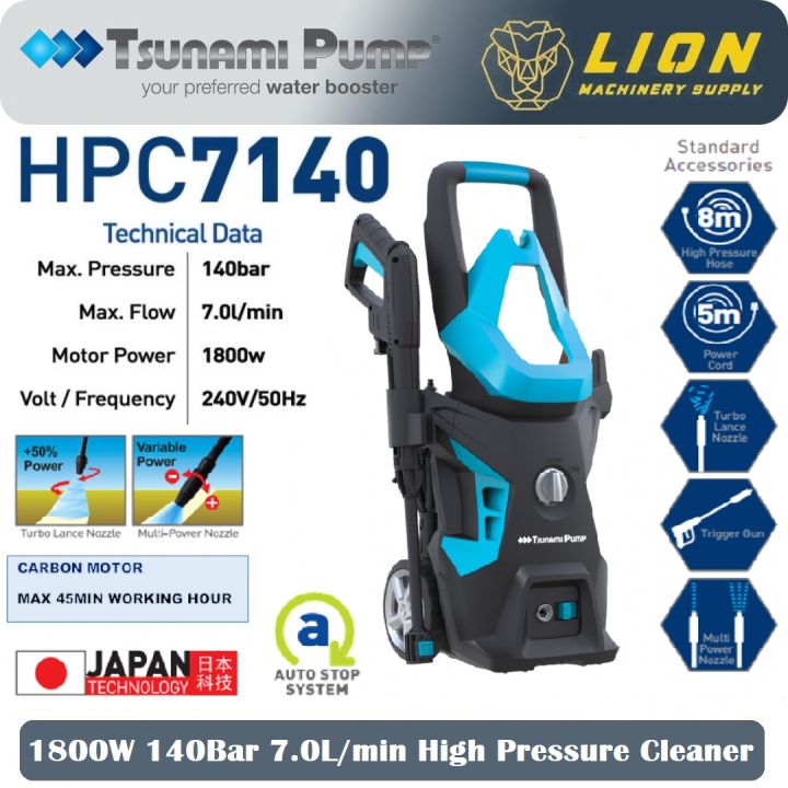 Tsunami 1800W 140Bar Powerful High Pressure Cleaner HPC7140 - Original Product - 1 Year Local ...