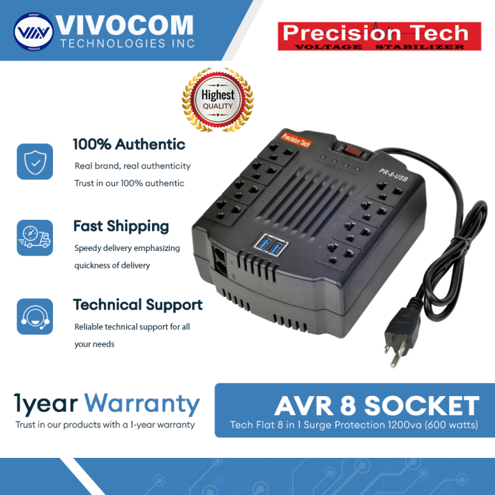 Precision PR-8S-USB Tech Flat AVR 8 Socket 8 in 1 Surge Protection ...
