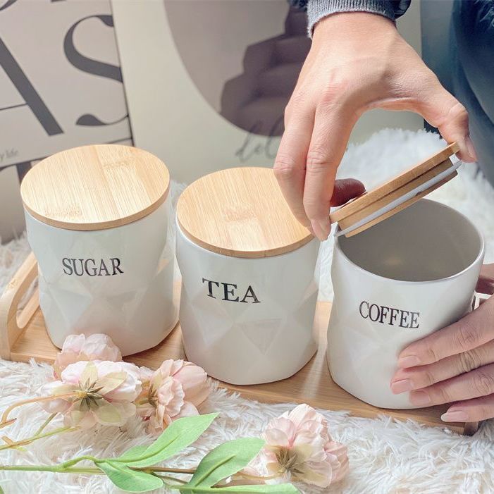 Tempat Kopi Gula Teh Tutup Kayu Ceramic Candy Jar with Wooden Lid Tea ...