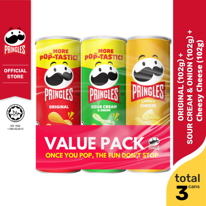 Pringles Potato Chips Trio Pack (102g x 3) - Original, Cheesy Cheese & Sour Cream & Onion - Exp ...