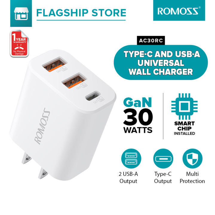 Romoss AC30RC PD30W GAN Wall Charger Quick Charging 2USB-A +1 USB-C ...