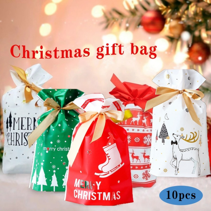 10Pcs Christmas Drawstring Ribbon Gift Bags /Xmas Storage Wrap Food ...