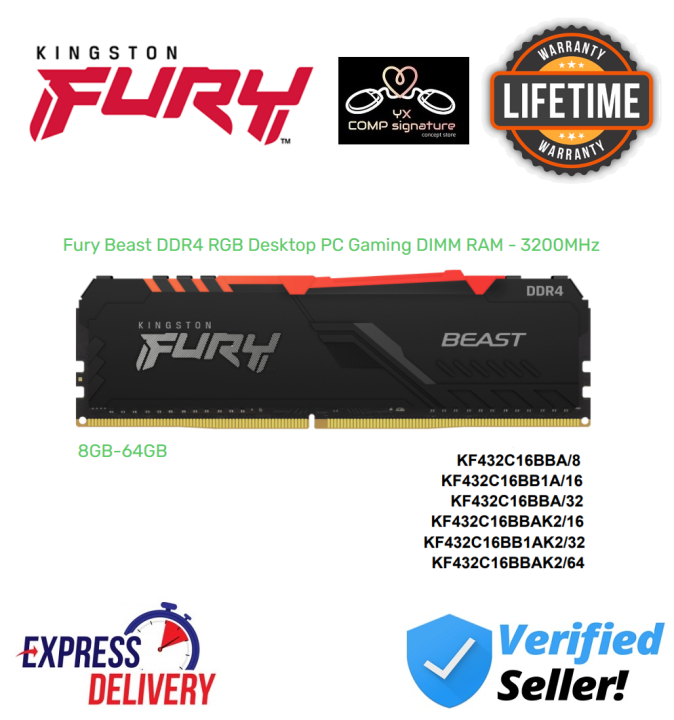 Kingston Fury Beast DDR4 RGB Desktop PC Gaming DIMM RAM - 3200MHz 8GB-64GB ( KF432C16BB ) | Lazada