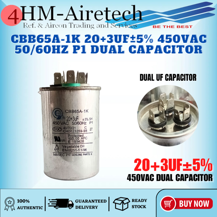 4HM GENERIC CBB65A-1K 20+3µF±5% 450VAC 50/60Hz SH DUAL CAPACITOR ...