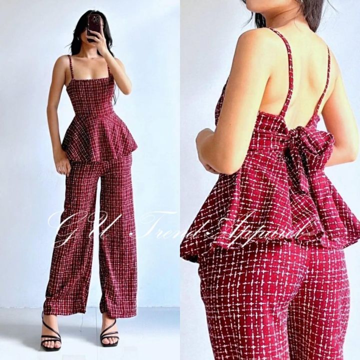 GU Quennie Checkered Print Casual Crepe Terno with Peplum Top and Wide ...