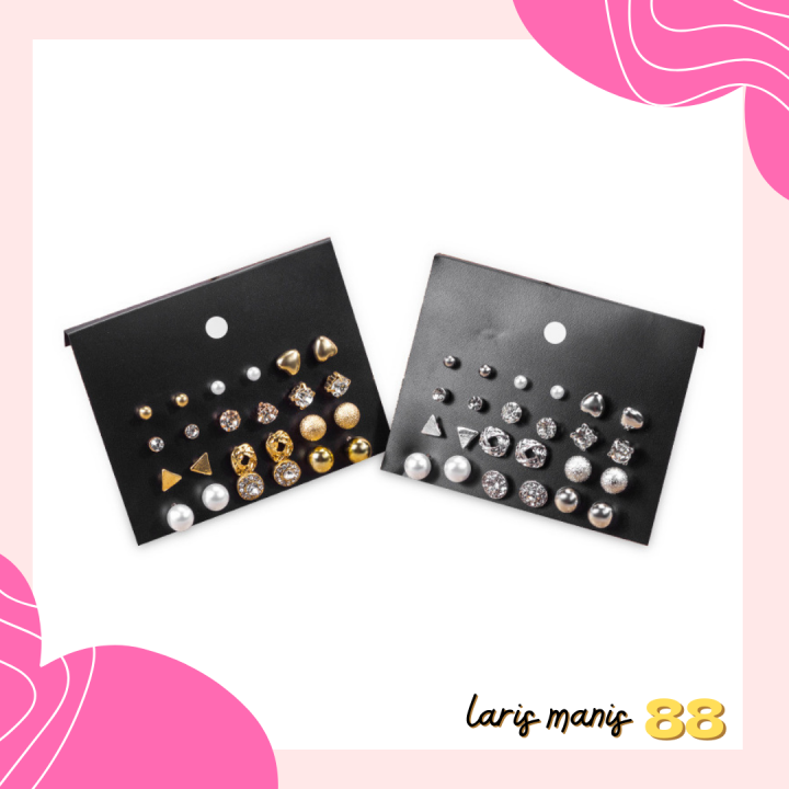 MG 12 Pasang Anting Set Pasangan FA29 Pearl Crystal Stud Triangle Bar ...