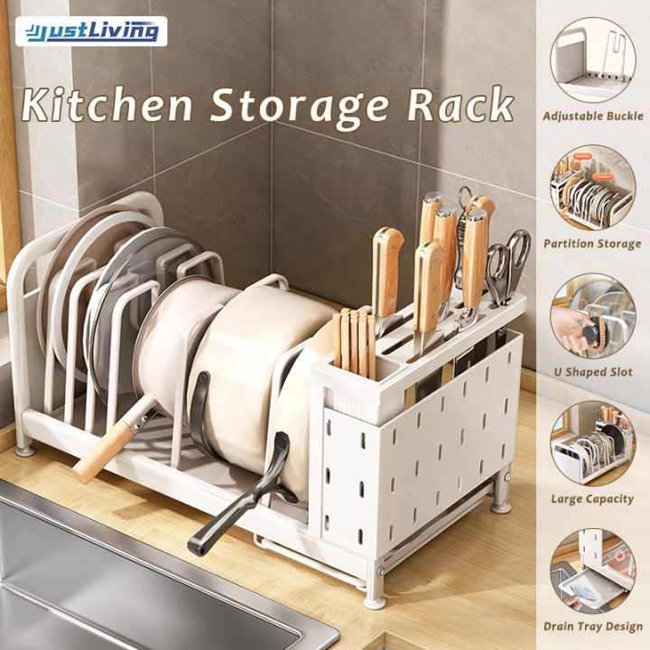 JustLiving Carbon Steel Pot Drying Rack with Drainboard Adjustable ...