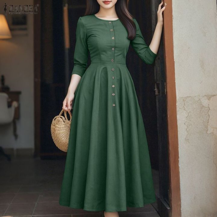 ZANZEA Korean Style Women Stylish 3/4 Sleeve Square Neck A-Line Dresses ...