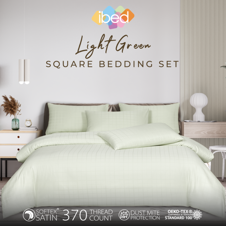 ibed ชุดผ้าปูที่นอน ครบเซ็ท Softex Satin (ลายสี่เหลี่ยม) Light Green 3.5 ฟุต,5 ฟุต,6 ฟุต ...