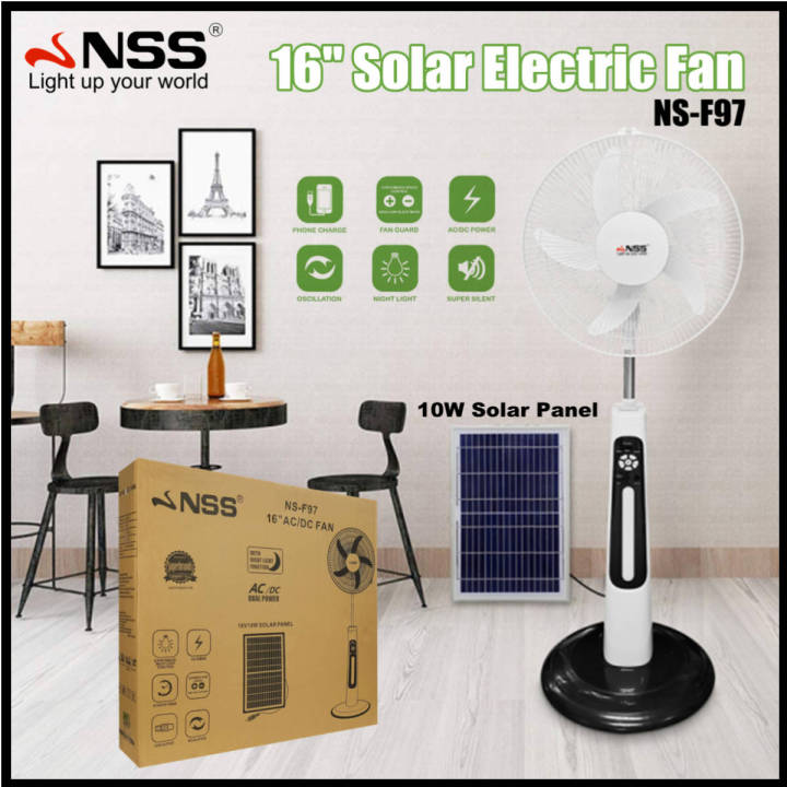 NSS - Solar Electric Fan 16'' Rechargeable Oscillating Fan AC/DC Fan 2 ...