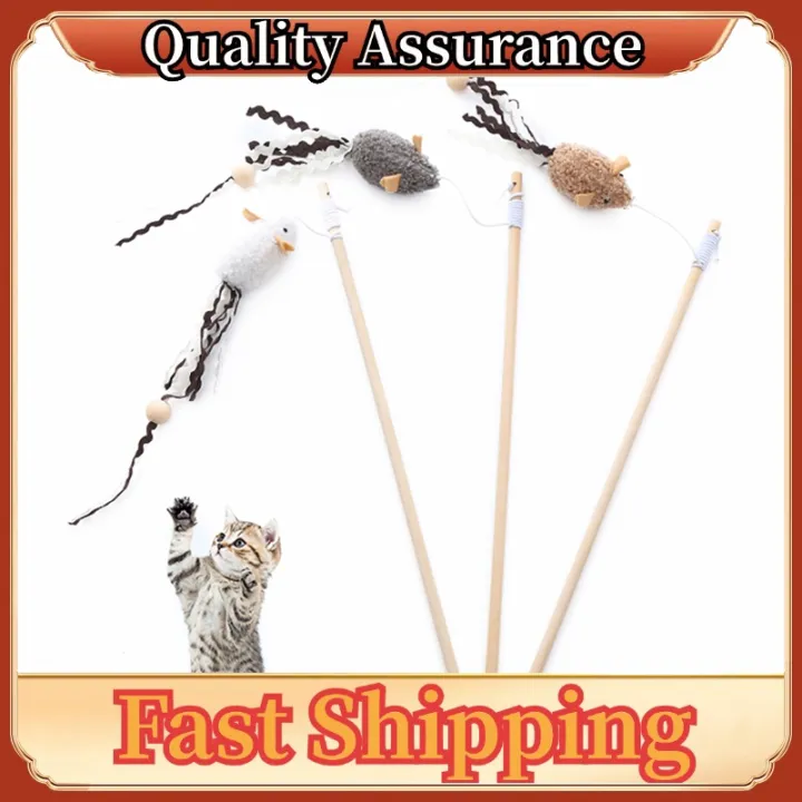 Cat Toy Cat Teasing Stick Plush Mouse Shape Wooden Pole Teasing Stick ...