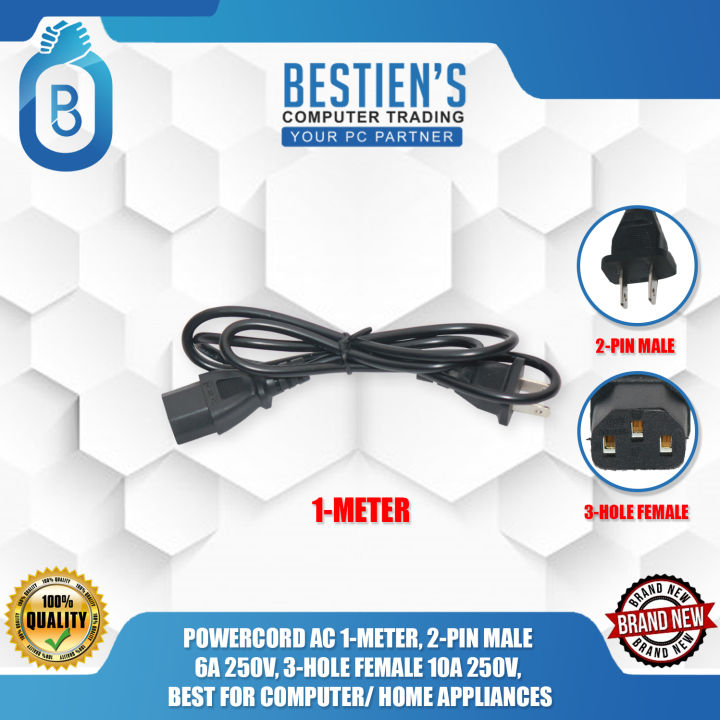 POWERCORD AC 1-METER, 2-PIN MALE 6A 250V, 3-HOLE FEMALE 10A 250V, BEST ...