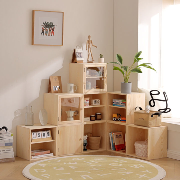 Book Shelf Solid Wood Grating Storage Cabinet Simple Wooden Crate Glass ...