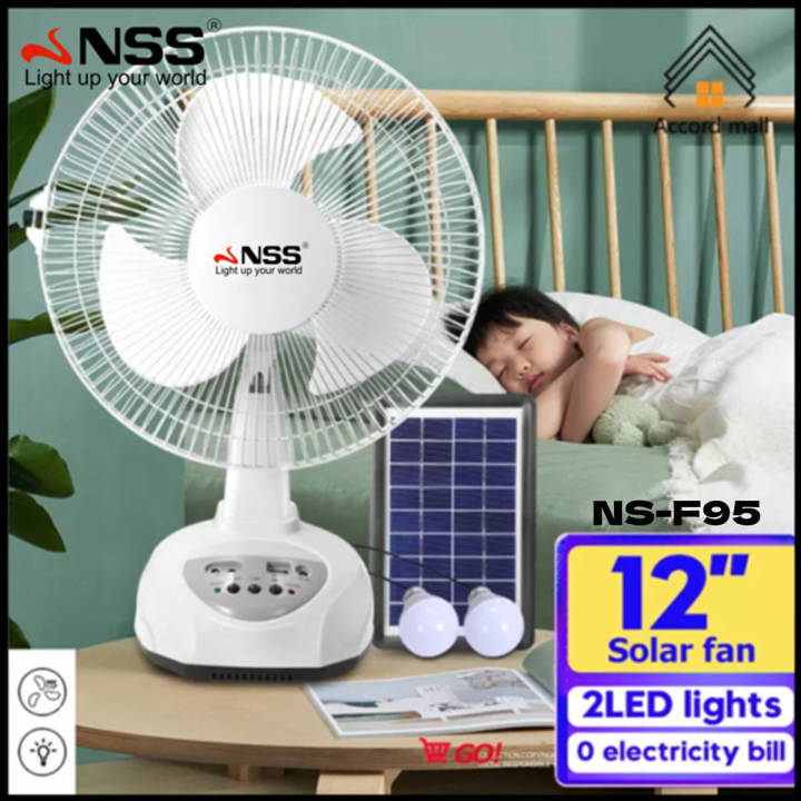 NSS - Solar Electric Fan 12'' Rechargeable Oscillating Fan AC/DC Fan 2 ...