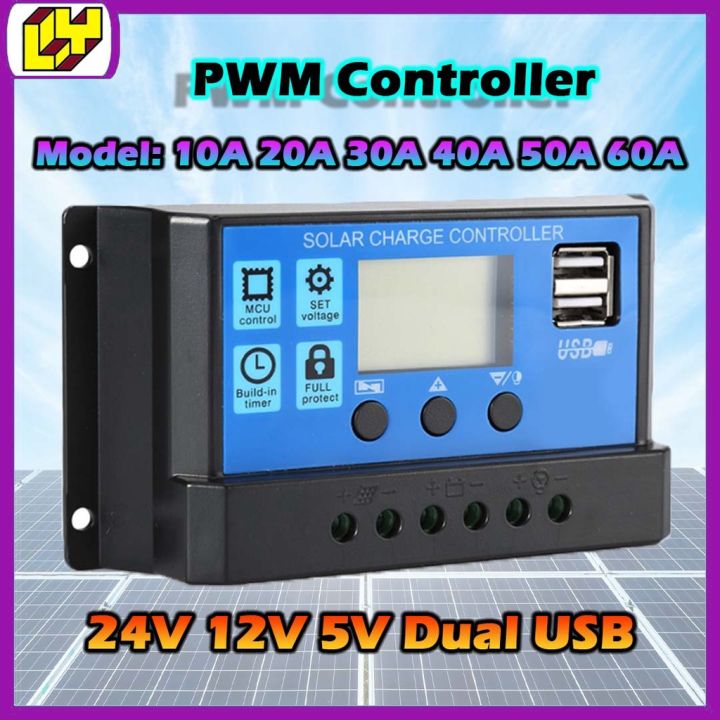 Solar Charger Controller 12V 24V Auto PWM Controllers LCD Display 5V Dual USB Output Controller ...